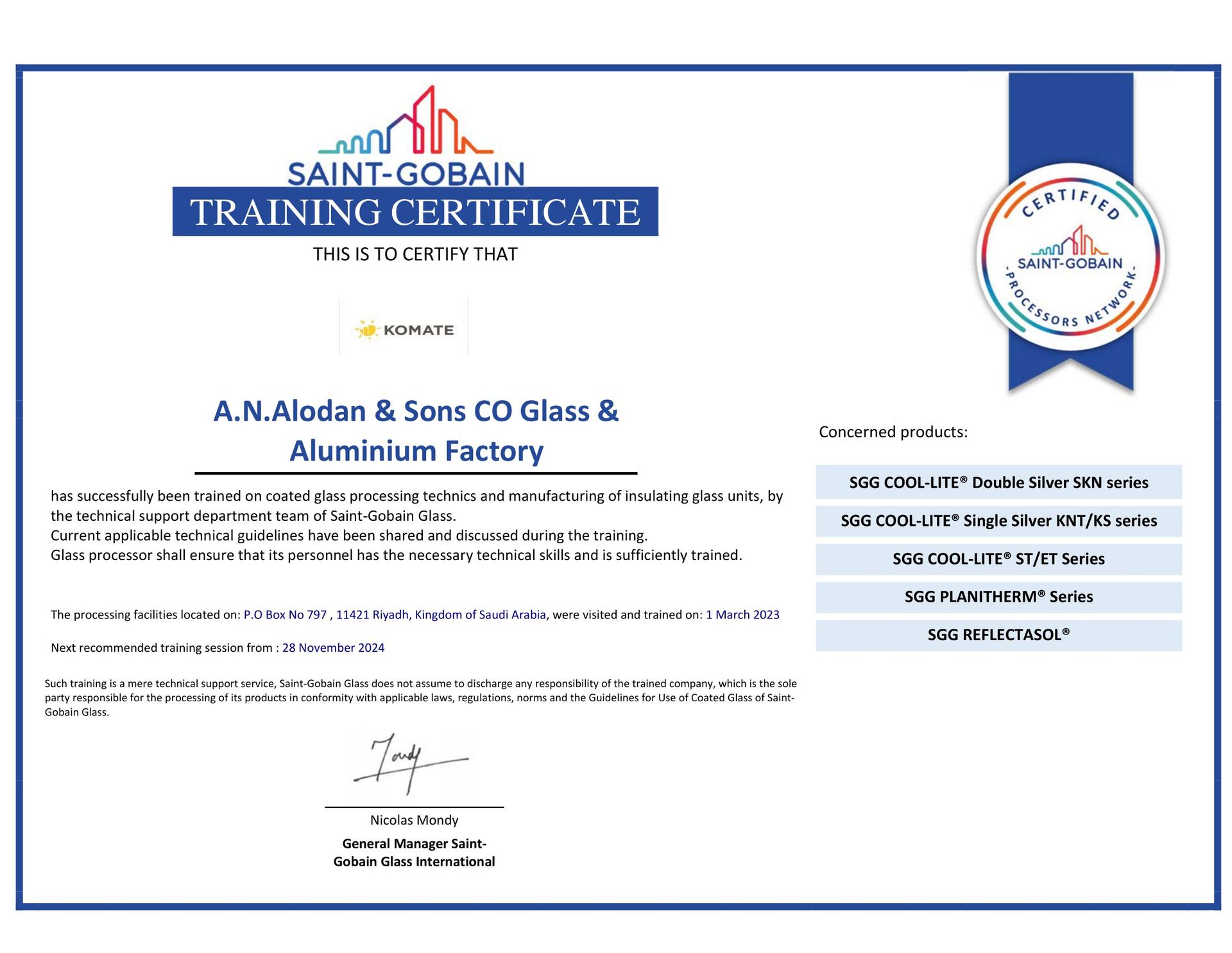 Certifications | Komate Glass
